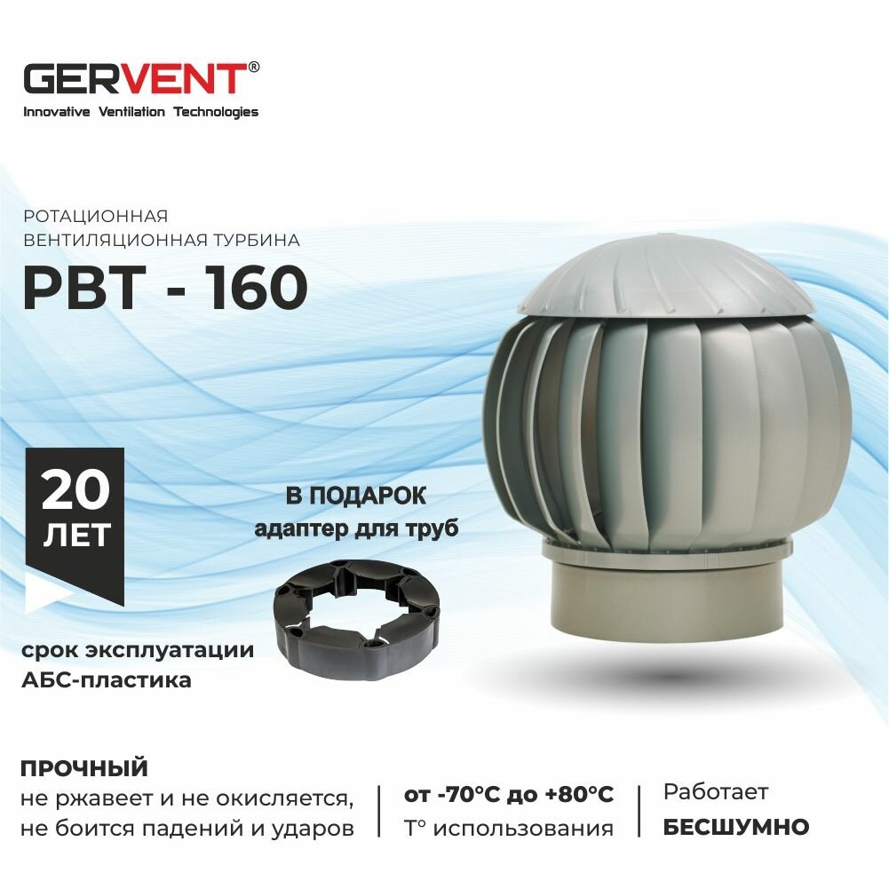 Дефлектор GERVENT, РВТ-160, ротационная вентиляция, ABS-пластик, серебристый