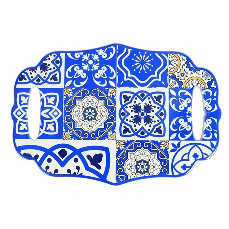 Прямоугольная керамическая подставка для столовых приборов сине-белая фарфоровая под чашку с узором