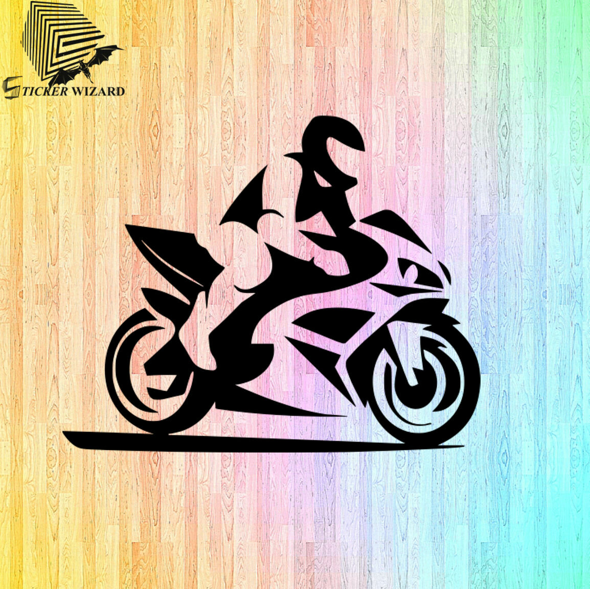 Наклейка виниловая на прозрачной основе (черная) "мотоциклист спортивный мотоцикл "