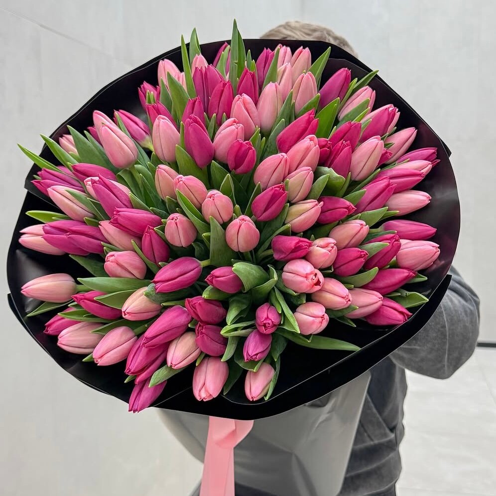 Букет из розовых тюльпанов 101 шт, красивый букет цветов, шикарный, премиум цветы, премиум букет