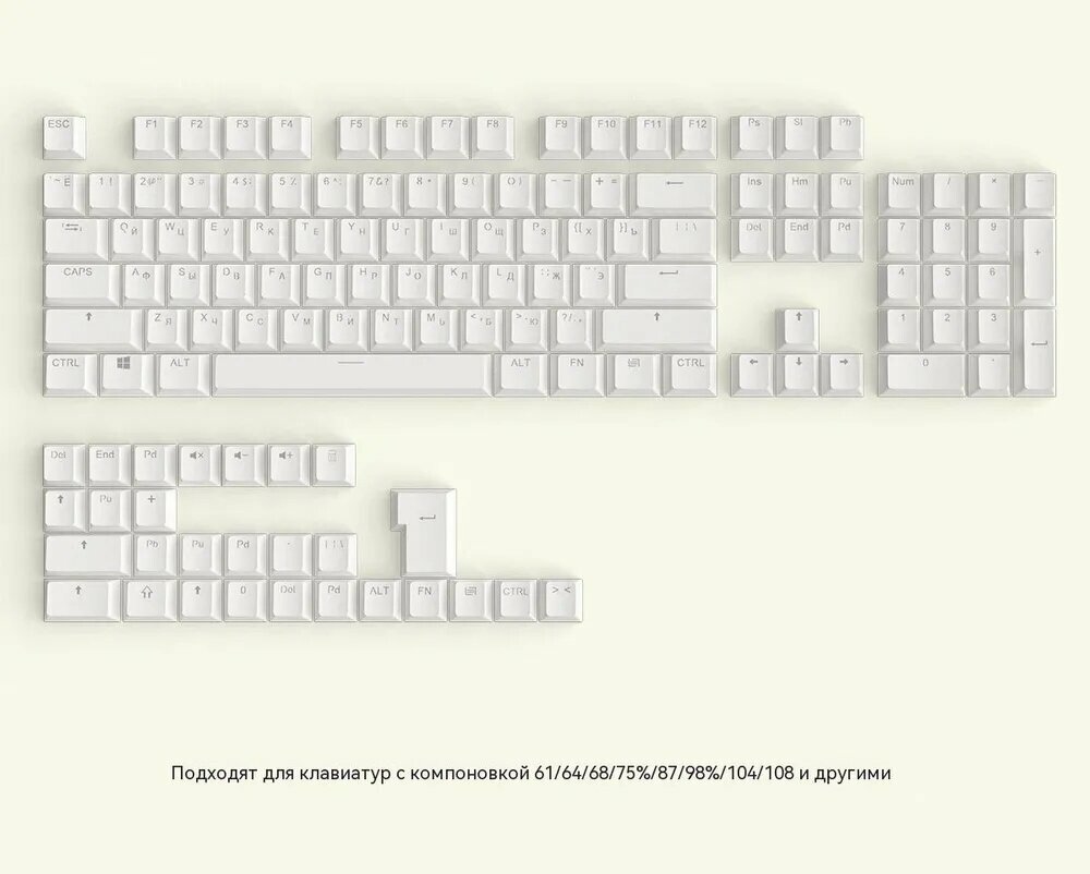 Кейкапы для механической клавиатуры (132 клавиш), Русская раскладка, белое