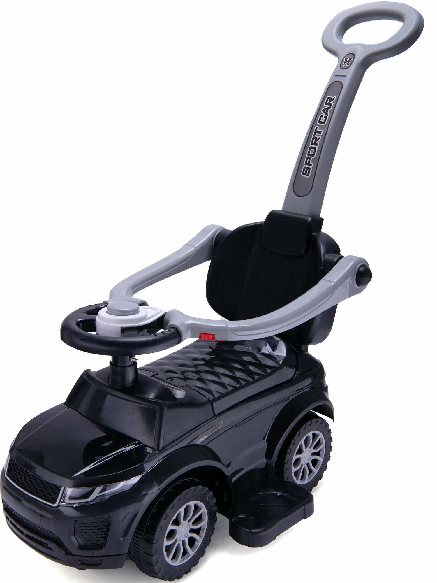 Машина каталка детская Толокар с ручкой для родителей, черный, с поворотным рулем