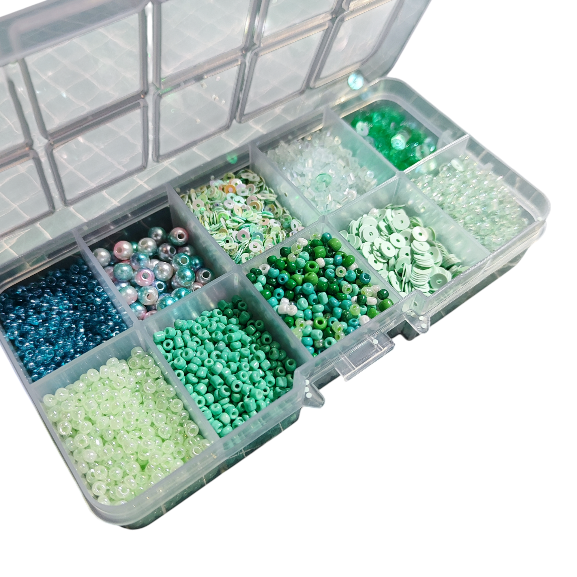 Бисер стекло 6/0 в шкатулке 10 делений "изумрудная постель микс и слюда" 1 деление=10 гр 12,8х6,5х2,2 см