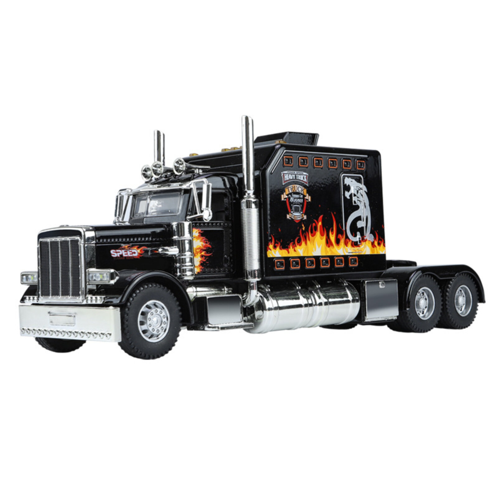 Модель трактора Peterbilt 389, масштаб 1:24, металл, с пультом управления, звуком и светом, размер 24X6.5X9.5 см, вес 448 г, для детей от 3 лет, двери и капот открываются, подвеска задних колес, реверсный ход