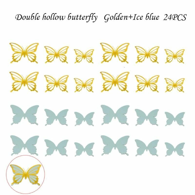 1 набор из 24 шт, 12 пар композитных двухслойных цветных полых наклеек на стену с бабочками золотисто-перламутровой бумаги-голубой лед