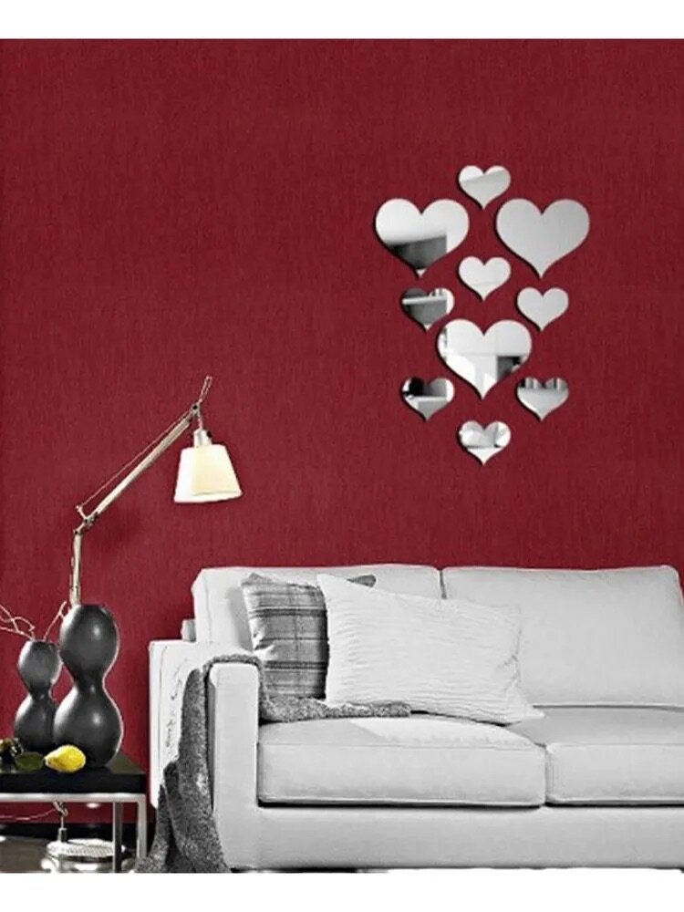Акриловые наклейки на зеркальные стены 10 3d сердечек из самоклеящейся бумаги для украшения интерьера