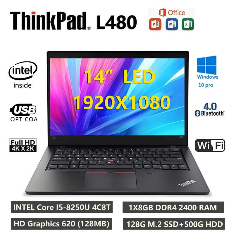 ноутбук 14" LENOVO Thinkpad L480 ( Intel CORE i7-8550U CPU+1X8GB 2400 RAM+128G M.2 NVME SSD+500G HDD+Intel HD Graphics 620 Видеокарта ; 1920X1080 IPS ) Win 10 pro