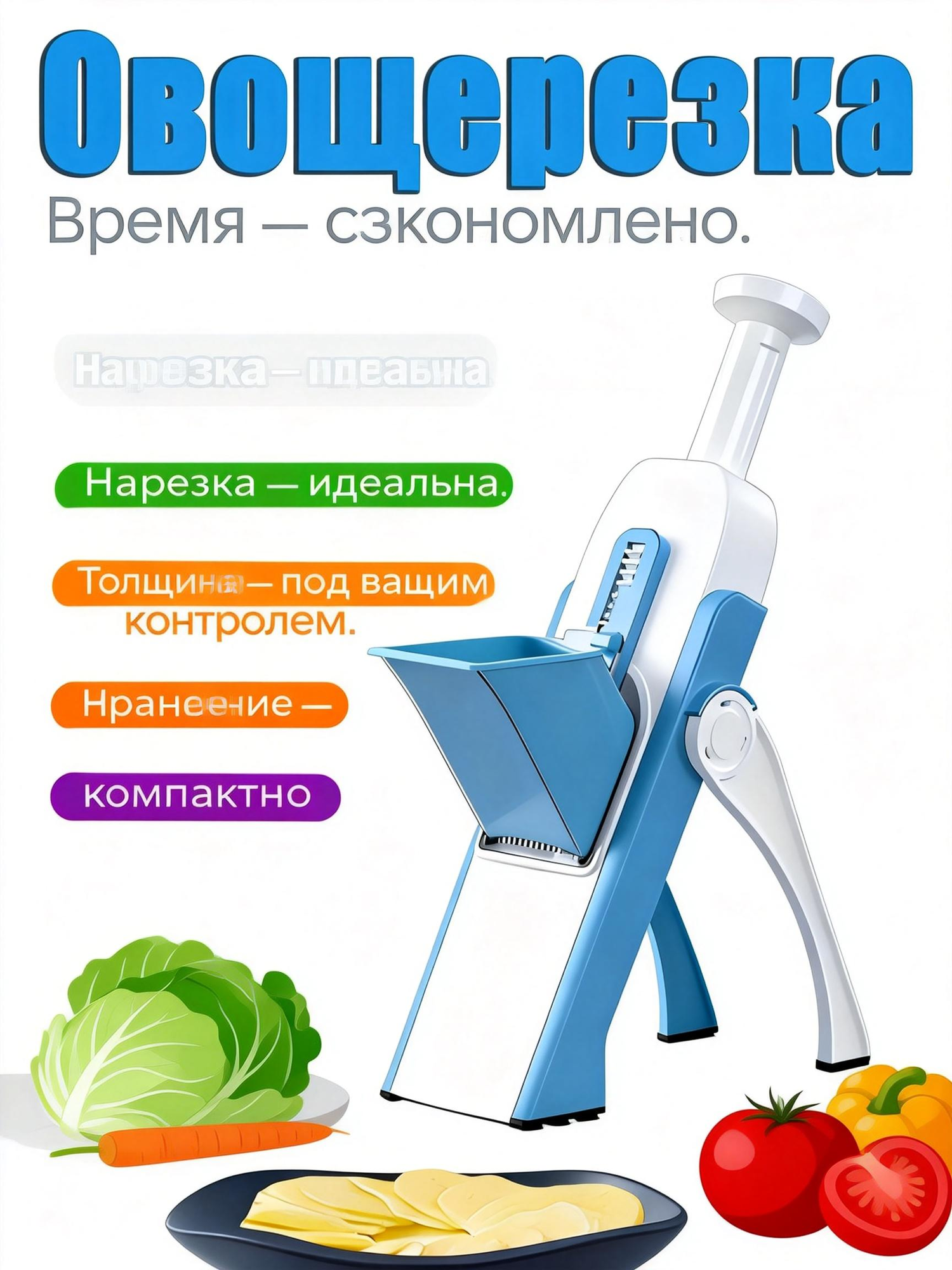 Терка-мультислайсер, для овощей и фруктов, пластик, нержавеющая сталь
