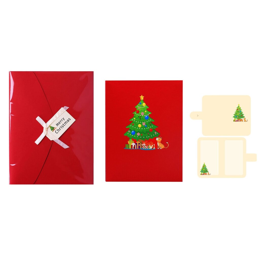Музыкальная Поздравительная Открытка 3D Burst Up Christmas Tree Puss Scene Со Светодиодным Сиянием Ручной Работы Из Бумаги Для Празднования Праздника