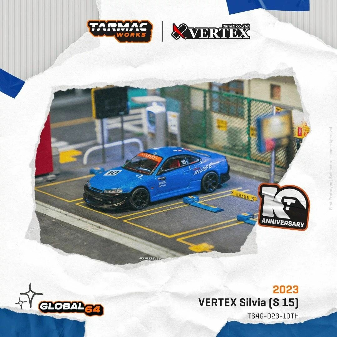 Машинка Tarmac Works TW 1:64 VERTEX Silvia (S 15) Tarmac Works 10th Anniversary T64G-023-10TH Die-cast Alloy Car Model Collection Toy Gift