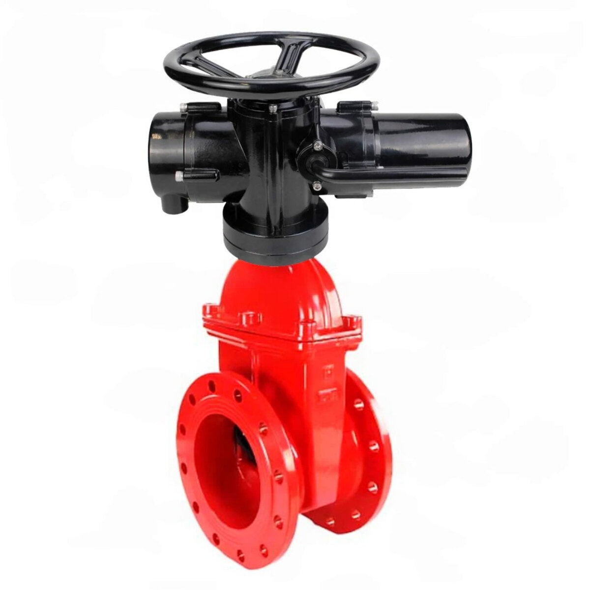 Задвижка клиновая 30ч939р DN.ru GGG50-GGG50-EPDM-RED Ду200 Ру10/16, фланцевая, корпус - чугун GGG50, уплотнение - EPDM, c ОСТ-фланцем тип Б и невыдвижным штоком, цвет - красный, с электроприводом многооборотным DN. ru VGD-020 380В пятикулачковым