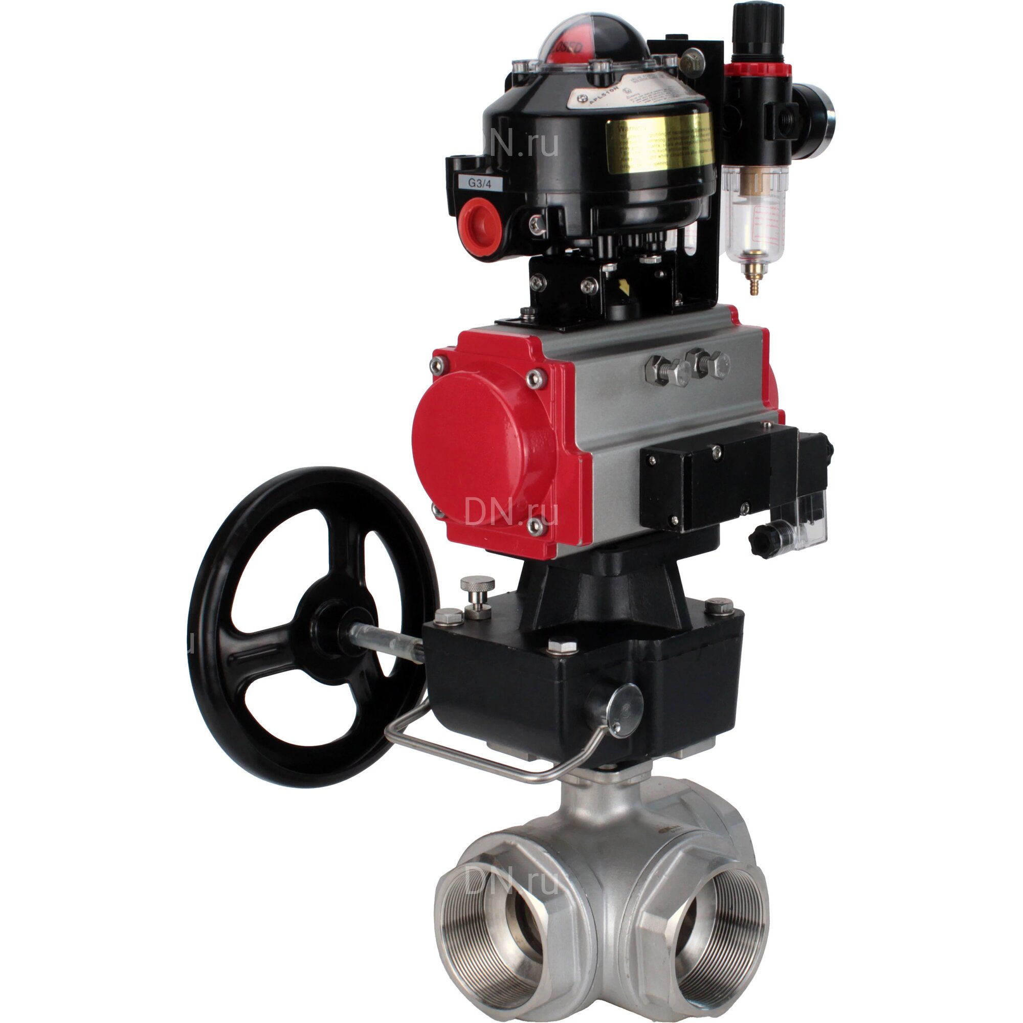 Кран шаровой DN.ru RP. SS316.200. MM 1" Ду25 Ру63 ст. проходной 3-ходовой L-тип, нерж. сталь SS316, внутренняя резьба, PTFE, с пн. приводом DA-052, пн. распределит PND2-S1EM-52-1NC-J08-220VAC, редуктором HDM-1, БПВ APU1-10-40-V08, БКВ LSB-510-02ExM12-250