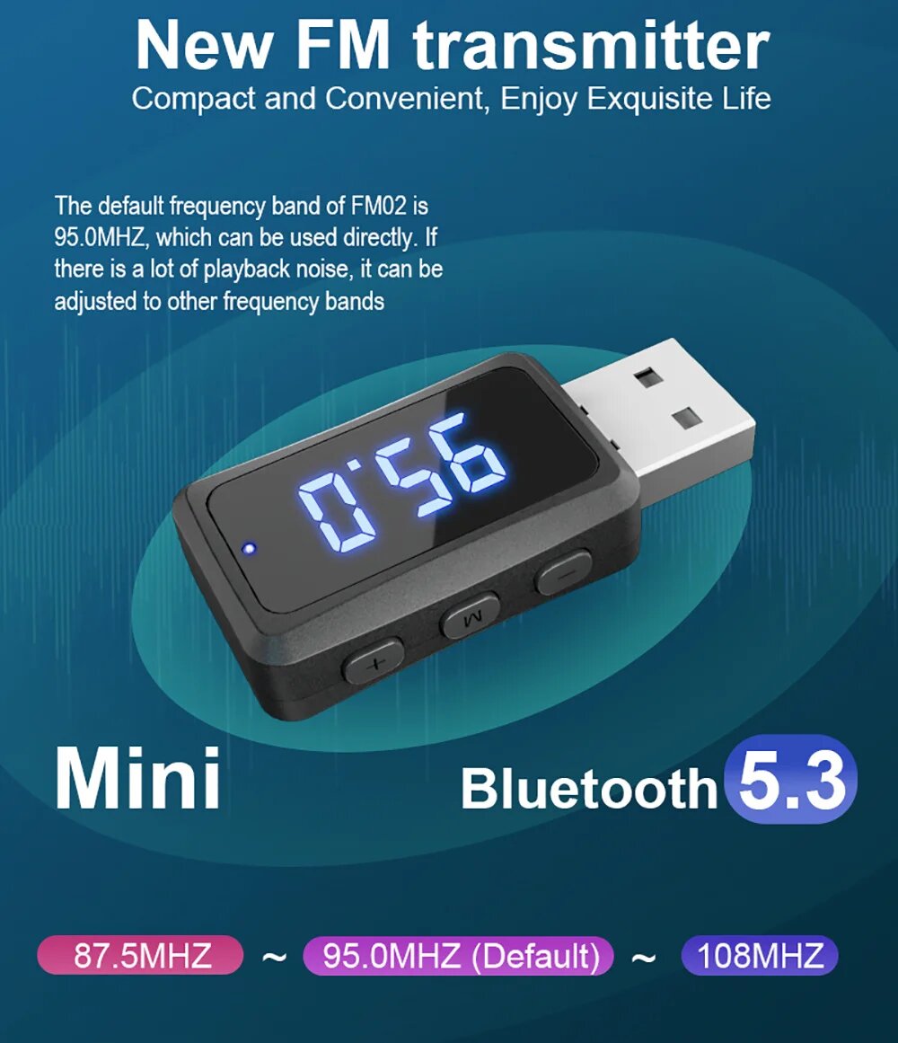 Bluetooth 5,3 Автомобильный FM-передатчик Приемник Беспроводной адаптер Мини USB Громкая связь Мини USB Мощность Автомобильный комплект FM-радио With FM Function