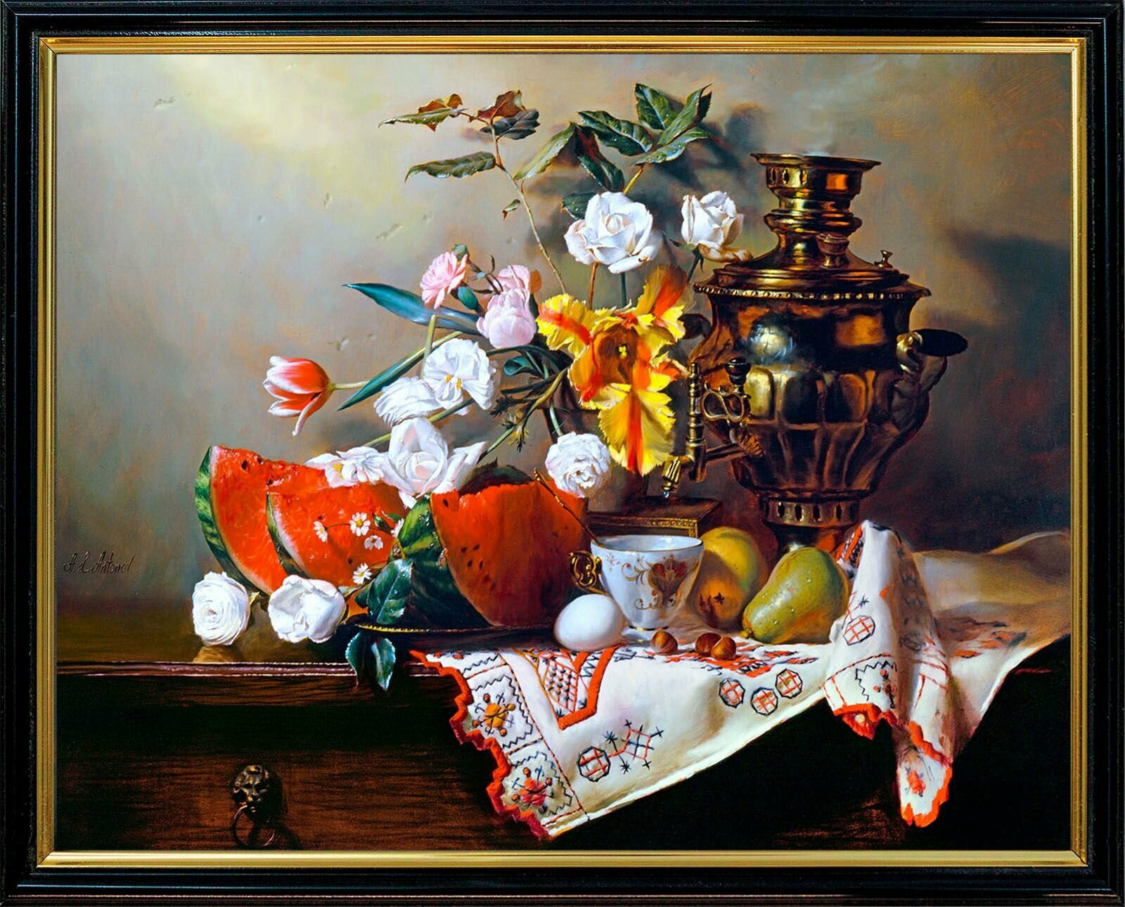 Картина "Самовар ", 30х25 см, художник - Антонов А, оформлена в багет. Арт. АА12-30х25