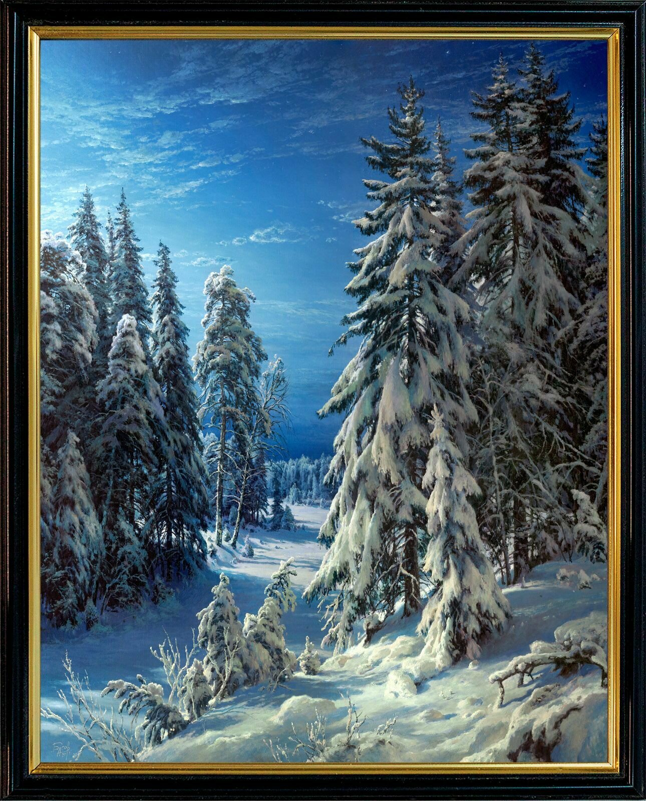 Картина "Зимняя ночь", 30х25 см, художник - Басов Сергей. Оформлена в багет, Арт. БС20-30х25