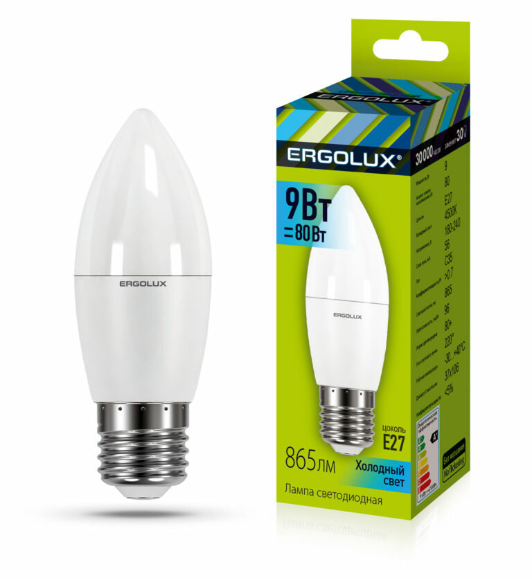 Ergolux свеча C35 E27 9W(760lm 220°) 3000K 2K матовая 112x38 пластик/алюм. LED-C35-9W-E27-3K