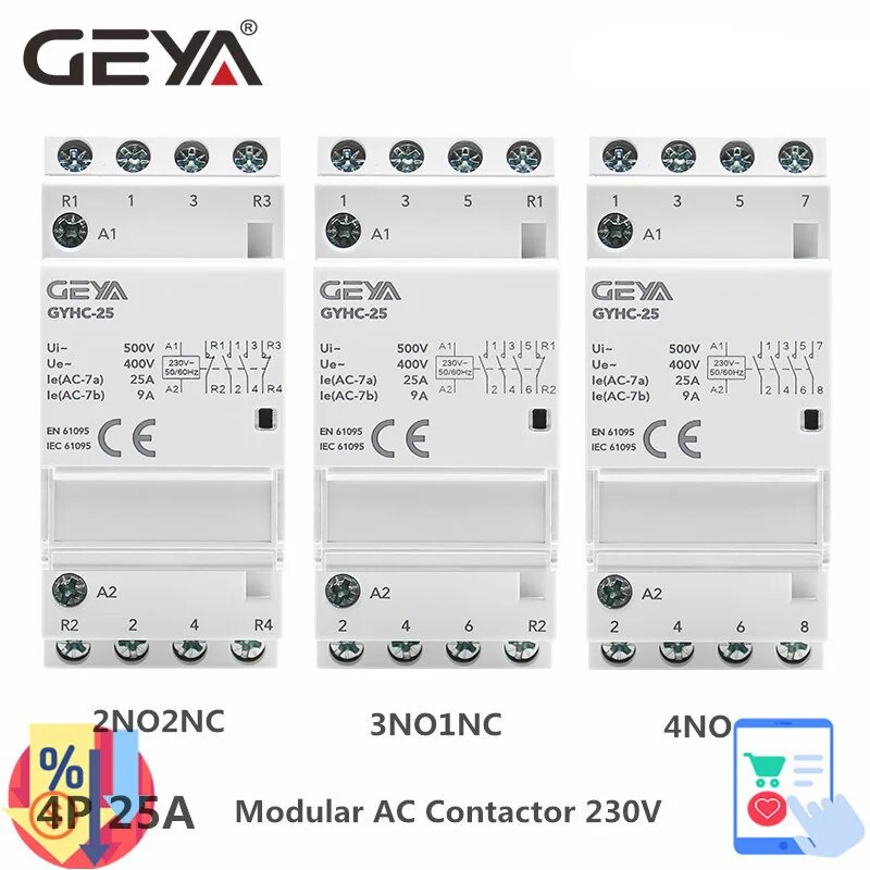 GEYA Автоматический модульный контактор GYHC AC230V 4P 25A 4P 25A 4NC