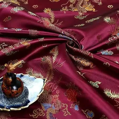 Парчовая жаккардовая ткань с рисунком дракона Феникса, красная, 90% вискоза + 10% полиэстер Burgundy