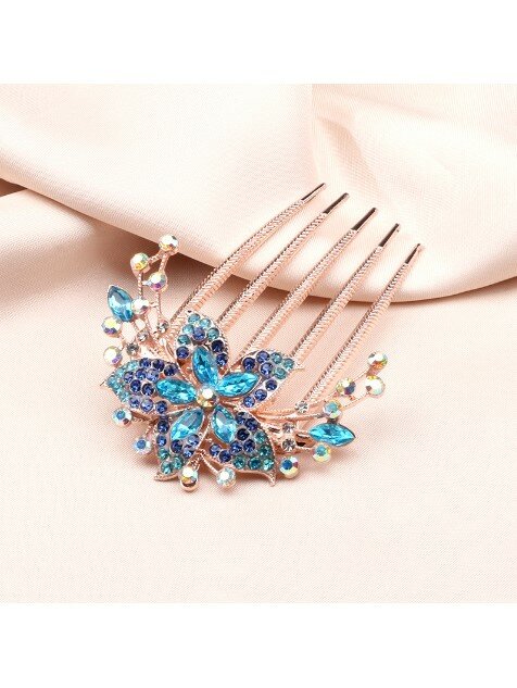 Гребень металлический со вставкой из страз, цвет синий