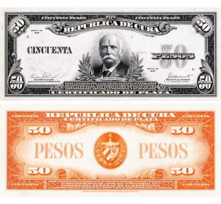 Куба 50 песо 1936 серебряный сертификат, сувенирная копия, банкноты и купюры редкие коллекционные