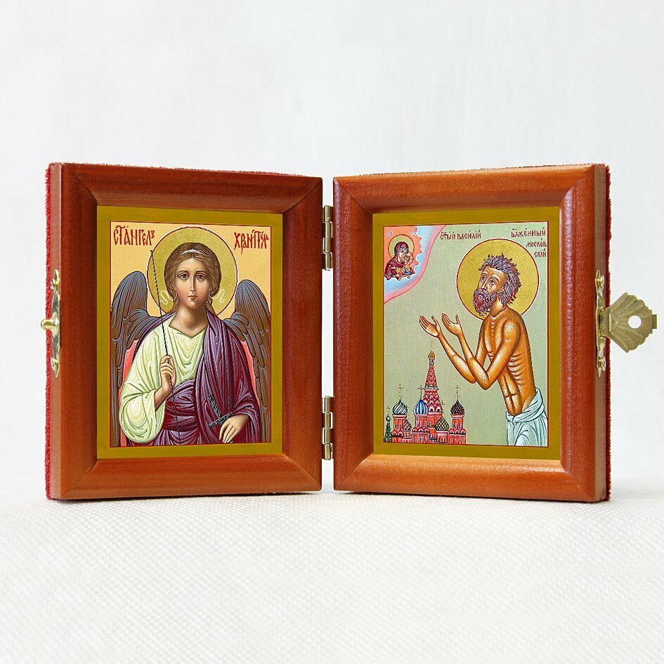 Складень именной "Блаженный Василий Московский, Христа ради юродивый - Ангел Хранитель", из двух икон 8*9,5 см