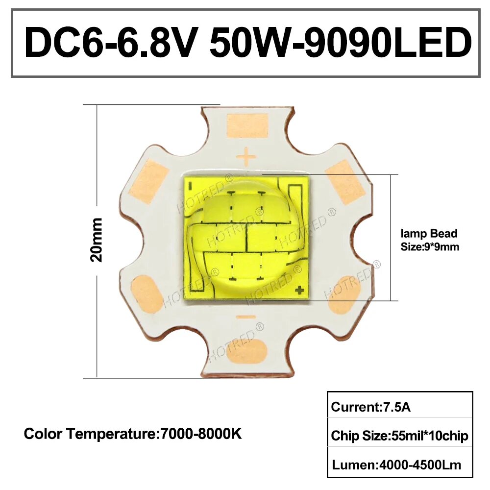 Светодиод XHP90 50W 6V холодный белый 1шт