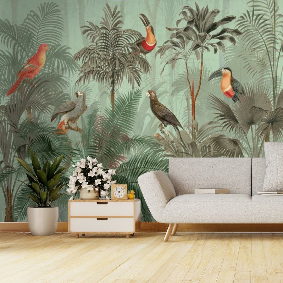 Фотообои Тропический лес с птицами зеленый 12-1845-S-Флок 270 x 200 см (ВхШ) Бесшовные, флизелиновые, влагостойкие обои