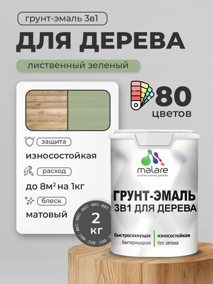 Акриловая Грунт-Эмаль 3 в 1 Malare для деревянных поверхностей/ краска по дереву с антисептическим эффектом/ быстросохнущая моющаяся без запаха матовая, лиственный зеленый, 2 кг