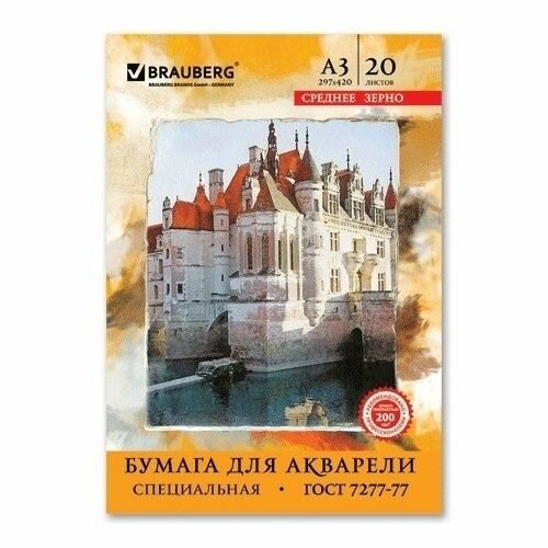 Папка для акварели Brauberg А3 297х420 мм, 20 листов, внутренний блок 200 г/м2 бумага, по ГОСТ 7277-77 (122908)