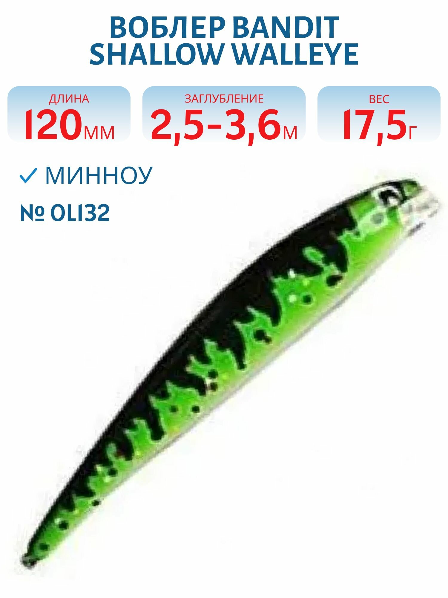 Воблер BANDIT SHALLOW WALLEYE, 120 мм, 17,5 гр, цвет OL132