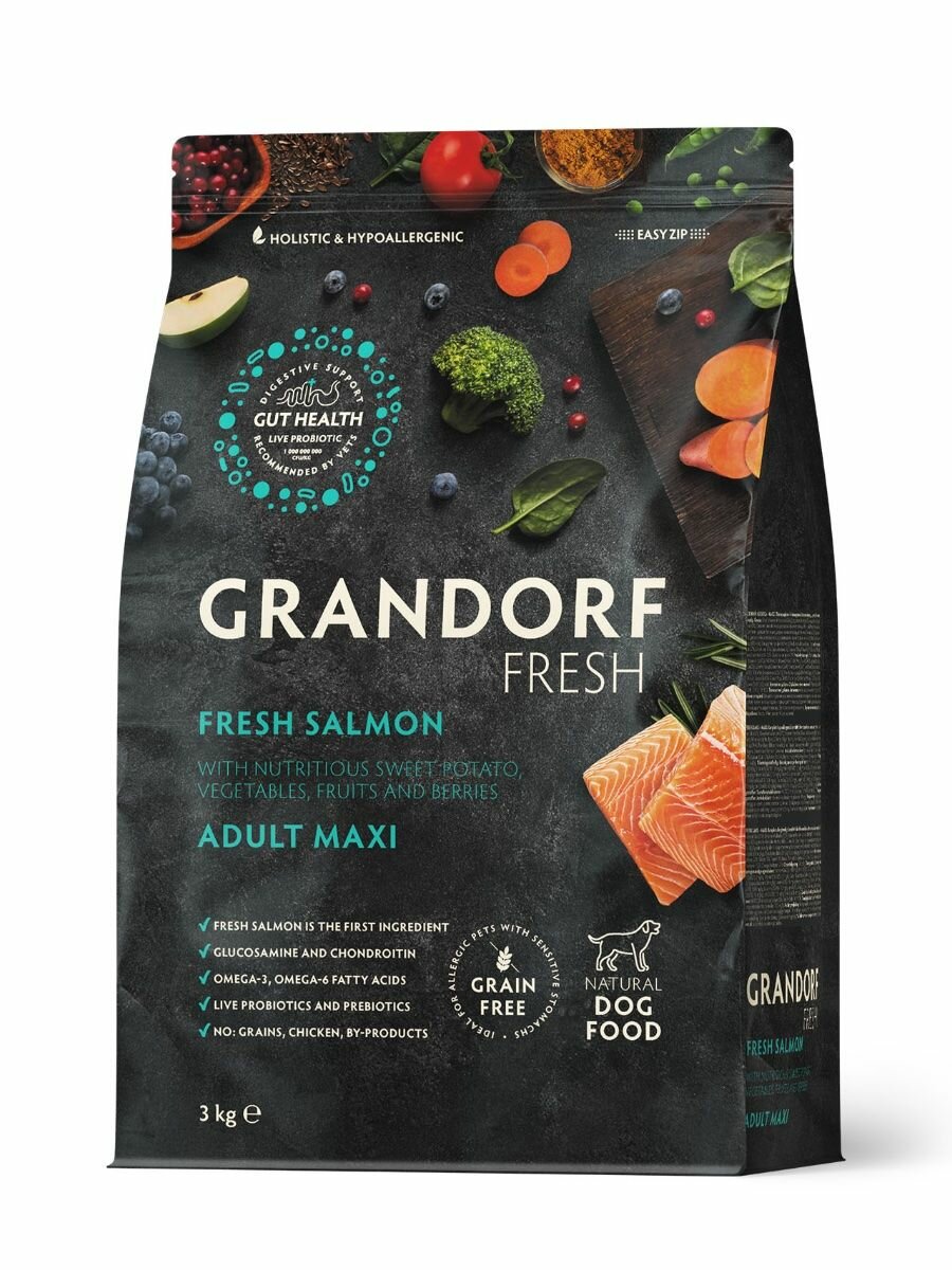 GRANDORF FRESH Adult Maxi Сухой корм для взрослых собак крупных пород, свежее филе лосося с бататом - 3 кг
