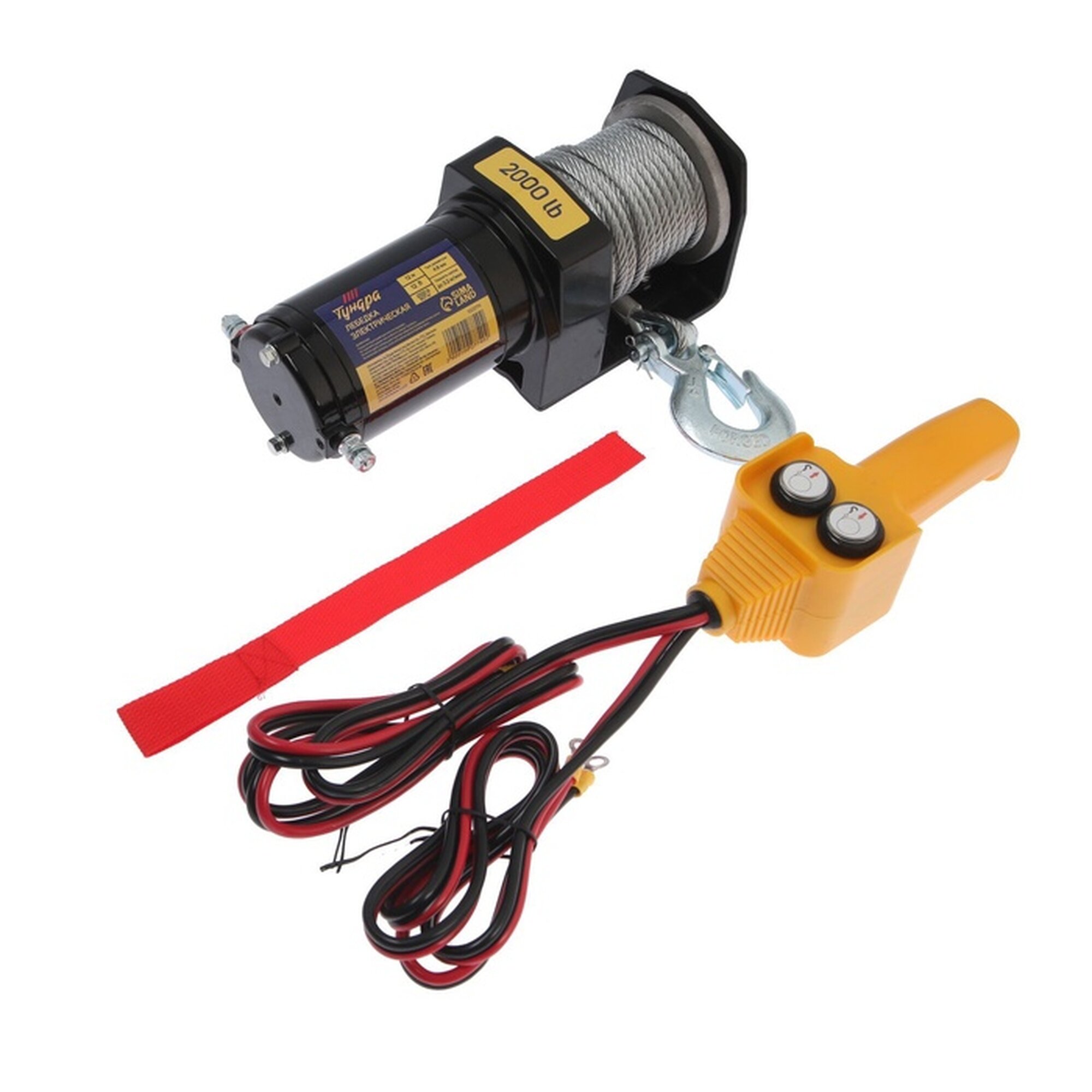 Лебедка электрическая тундра, 12V, 2000 lb (0.9 т), 1 л. с, до 3.2 м/мин, 4.8 мм х 12 м