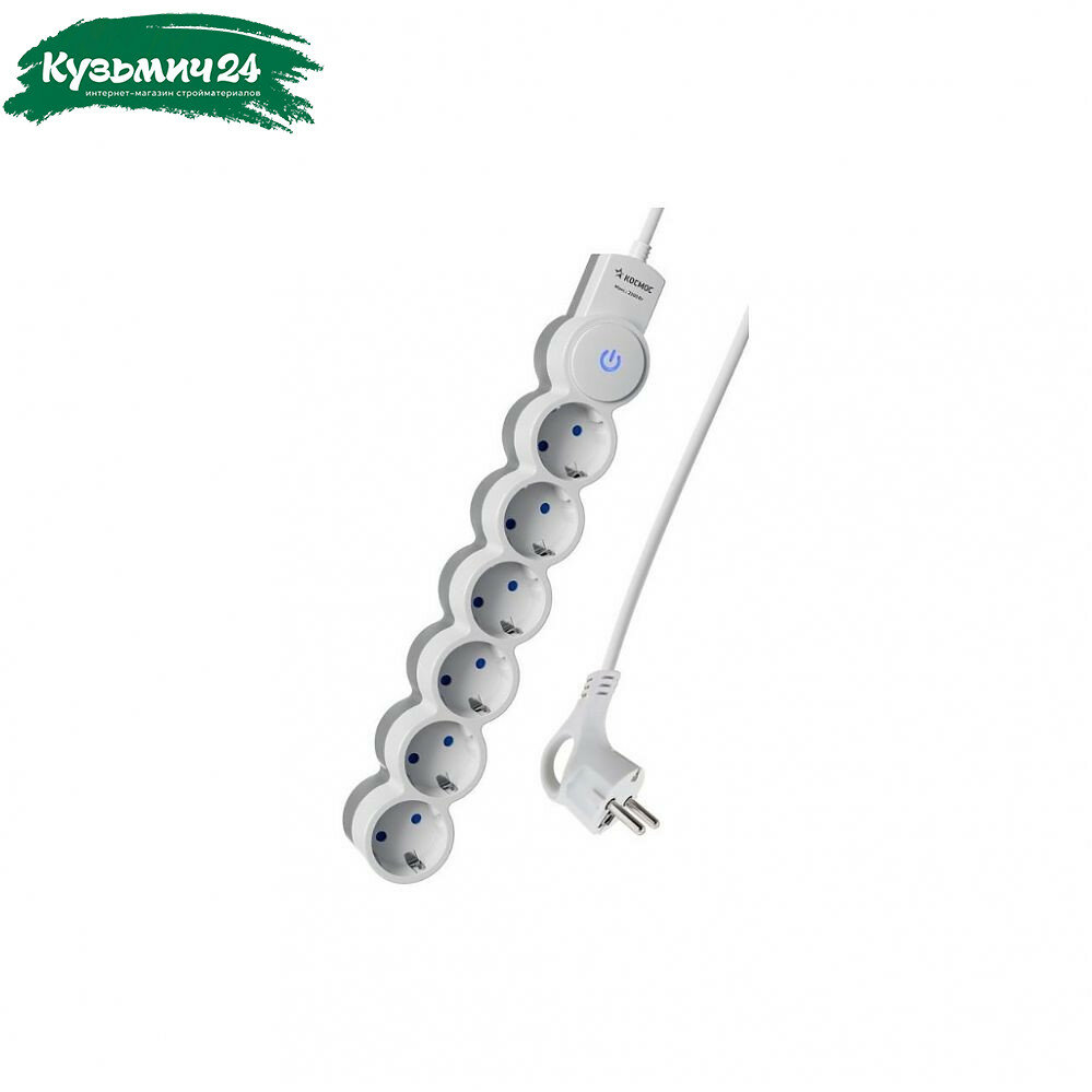 Удлинитель Космос 6х5м YKsm5m-6g-Z-V10A-W 1801994 ПВС, с заземлением, 6 розеток, 5 м, 2.2 кВт, 1 шт.