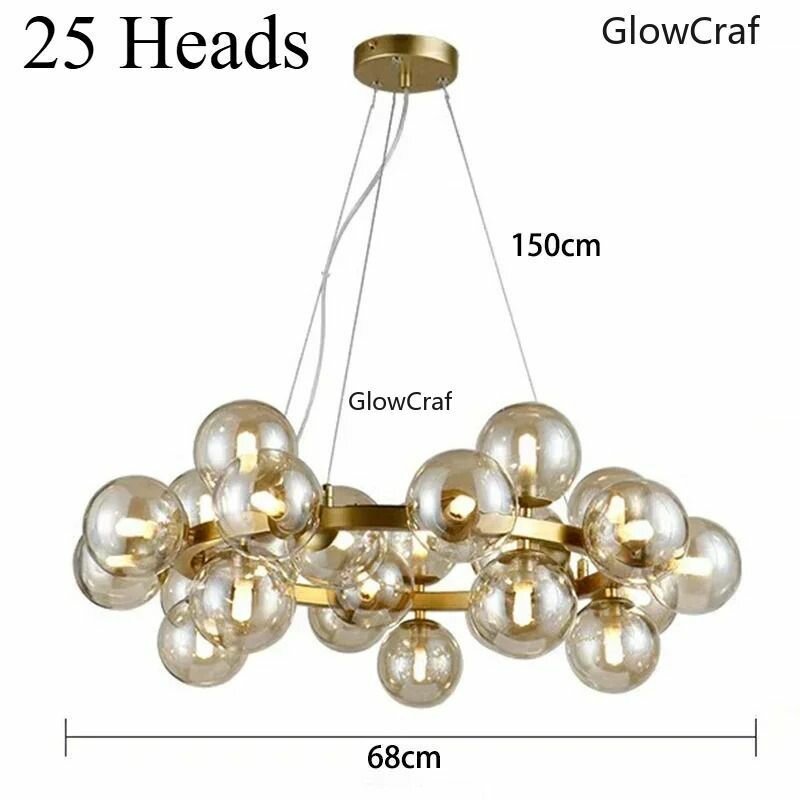 Золотая LED Люстра "Кольцо" со Стеклянным Абажуром, Подвесной Светильник для Спальни и Гостиной, Роскошный Дизайн, L95 См, 175 Вт, G9, 3-х Уровневый Свет