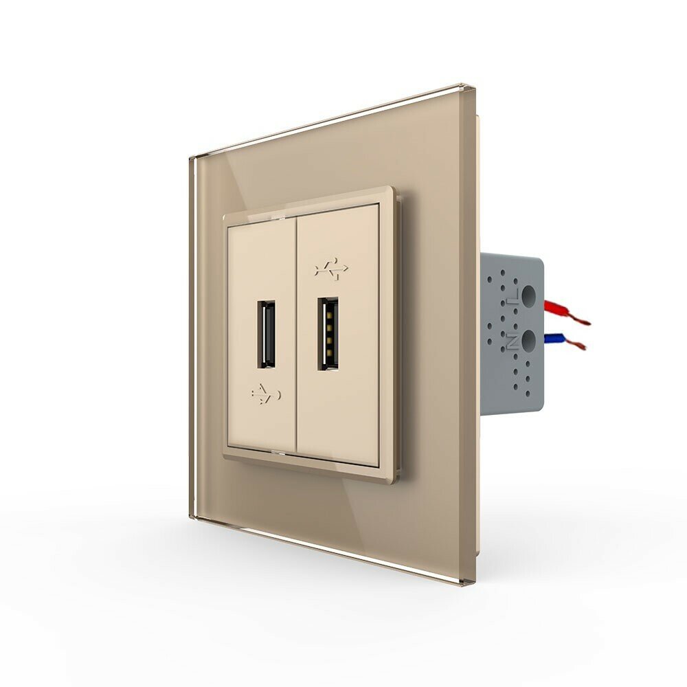 USB-розетка LIVOLO ORIGINAL VL-C792USB-13, 2 USB, 5В 2.1А, золотая, стеклянная рамка, комплект
