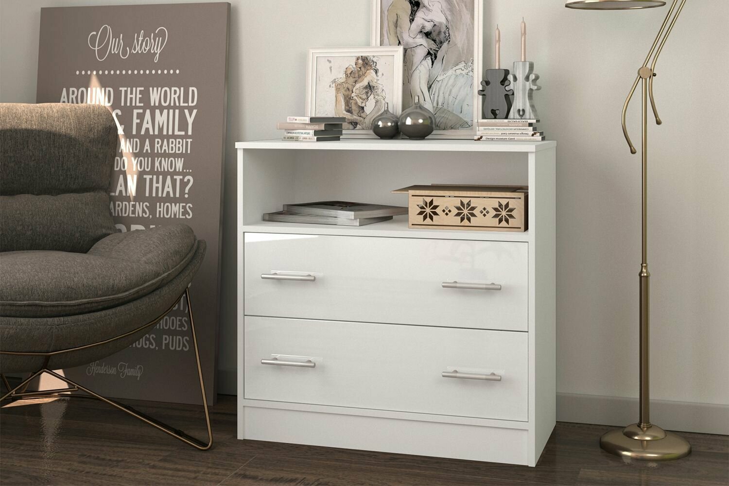 Комод для одежды Ричард 0.2 80х42х80 МДФ глянец белый DM635-6, корпус белый гладкий, 2 ящика