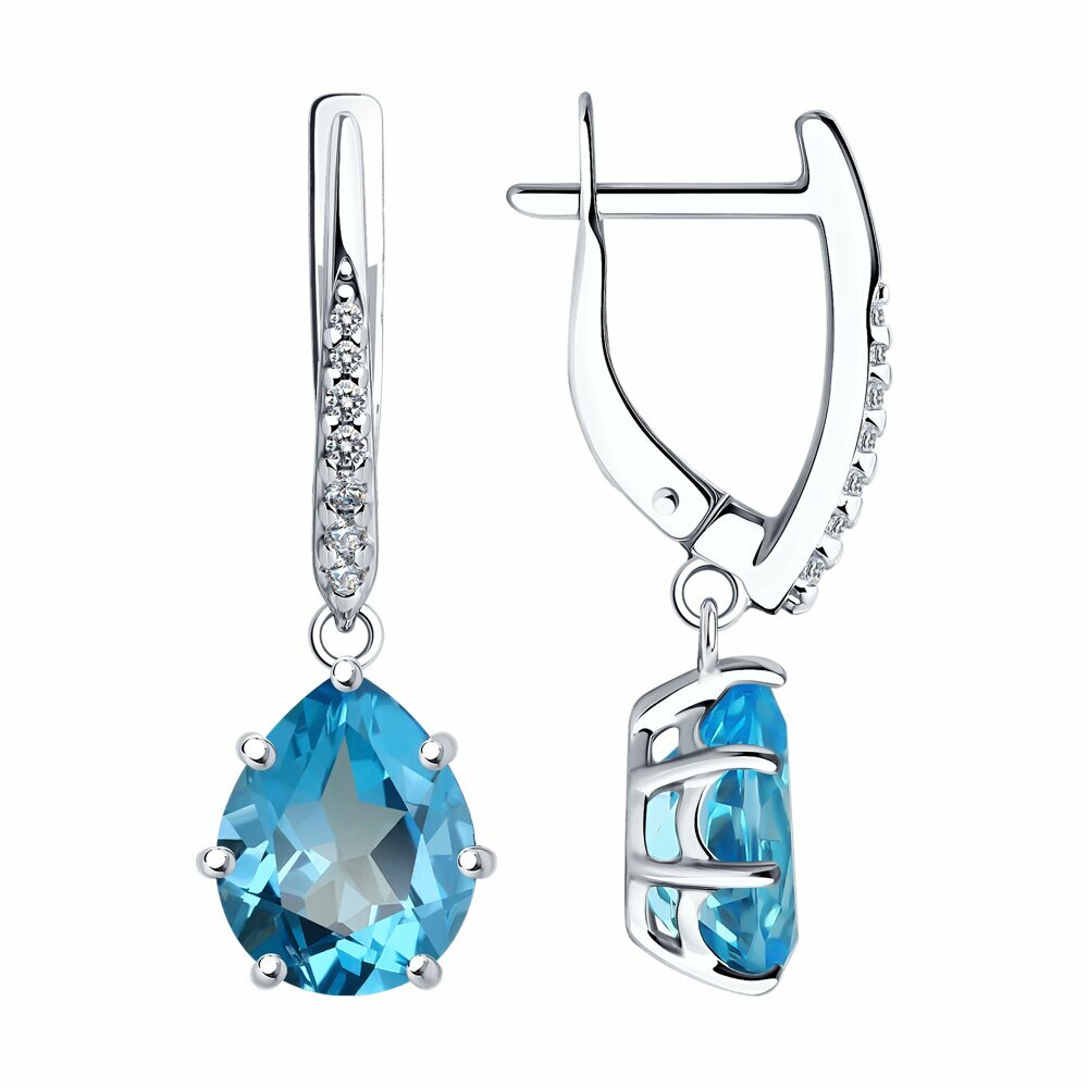 Серьги с подвесками, серебро, 925 проба, родирование, топаз, фианит