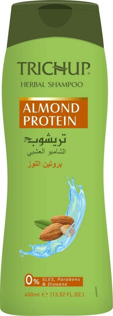 Trichup Herbal Shampoo ALMOND PROTEIN, Vasu (тричуп Шампунь на основе трав, миндальный протеин, Васу), зеленая бутылка, 400 мл.
