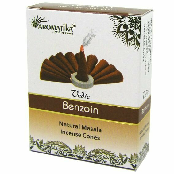 Vedic BENZOIN Natural Masala Incense Cones, Aromatika (Ведик бензоин, натуральные конусные благовония, Ароматика), уп. 10 конусов.
