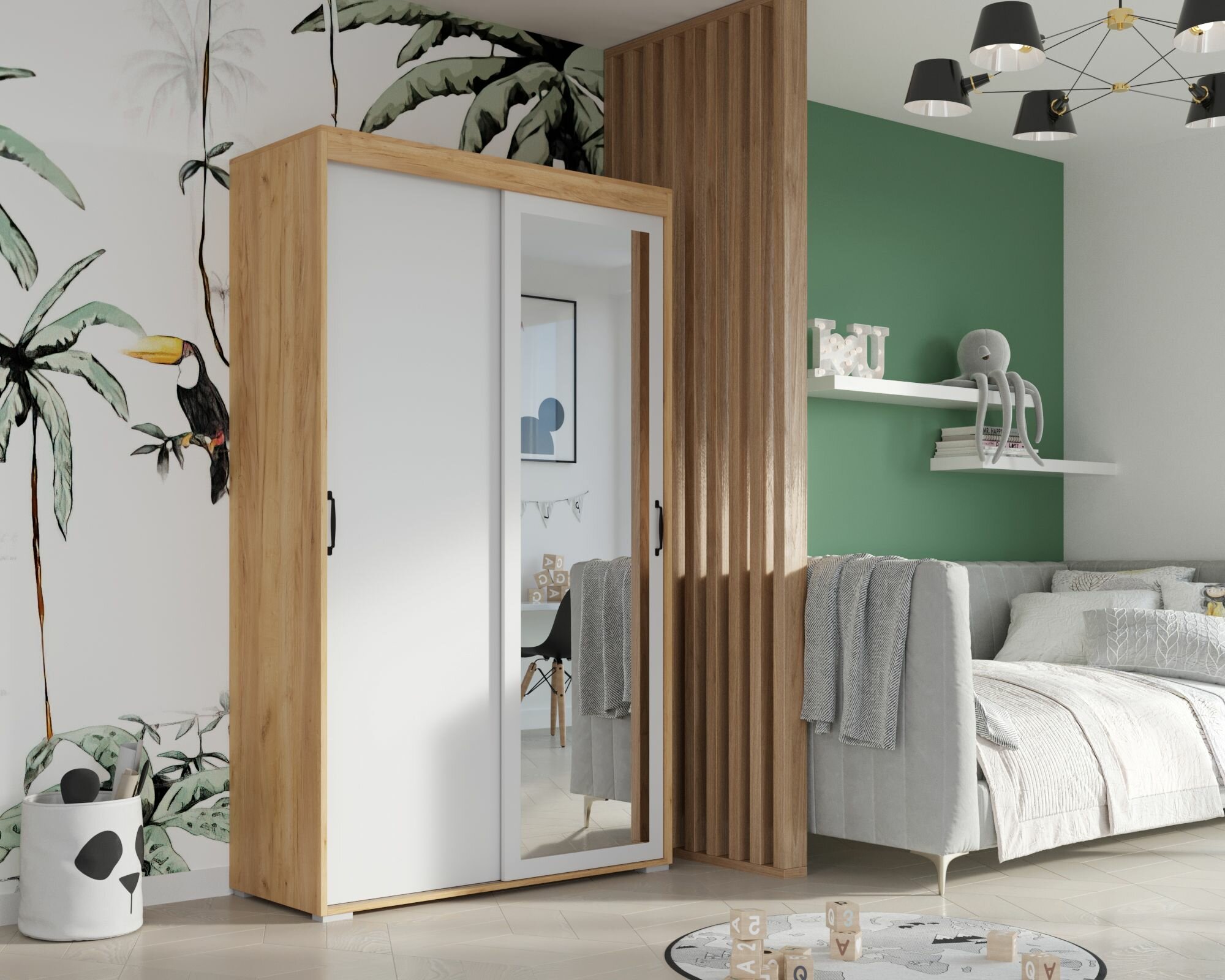 Шкаф купе с полками и штангой с зеркалом "МНР 4" 100х200х55 Дуб крафт золотой / Белый