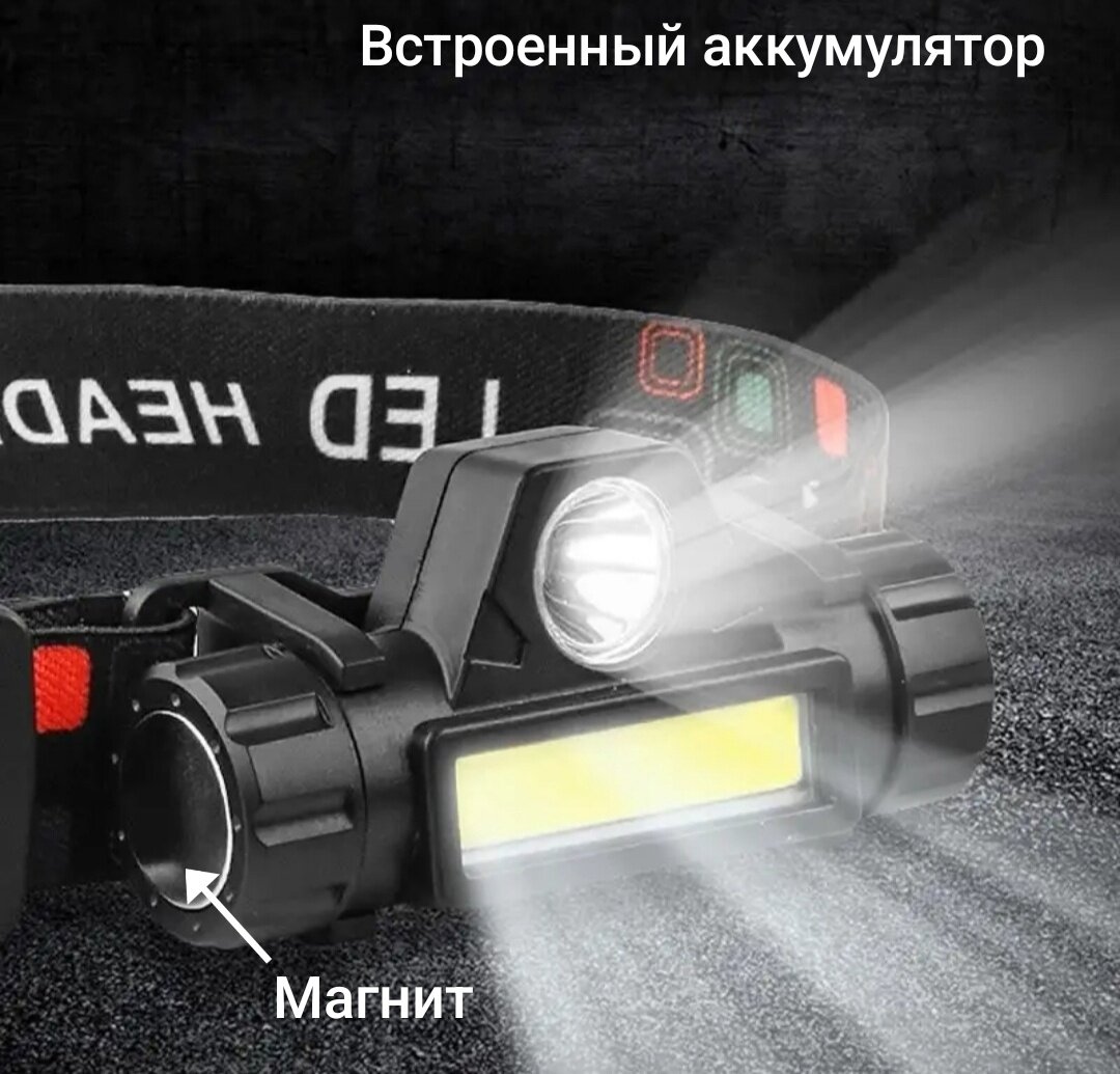 Налобный фонарь яркий светодиодный спортивный бытовой USB аккумуляторный с 2 режимами работы, с магнитом, для охоты рыбалки туризма и кемпинга