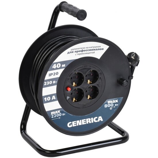 Удлинитель силовой на катушке Generica 4х40м 2P+PE 10А УК40 с термозащ. 3х1.0кв. мм, WKP10-10-04-40-G