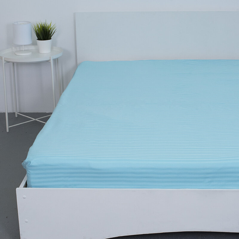 Простыня на резинке Страйп-сатин Бирюзовая 100% Хлопок 160х200 борт 30 см
