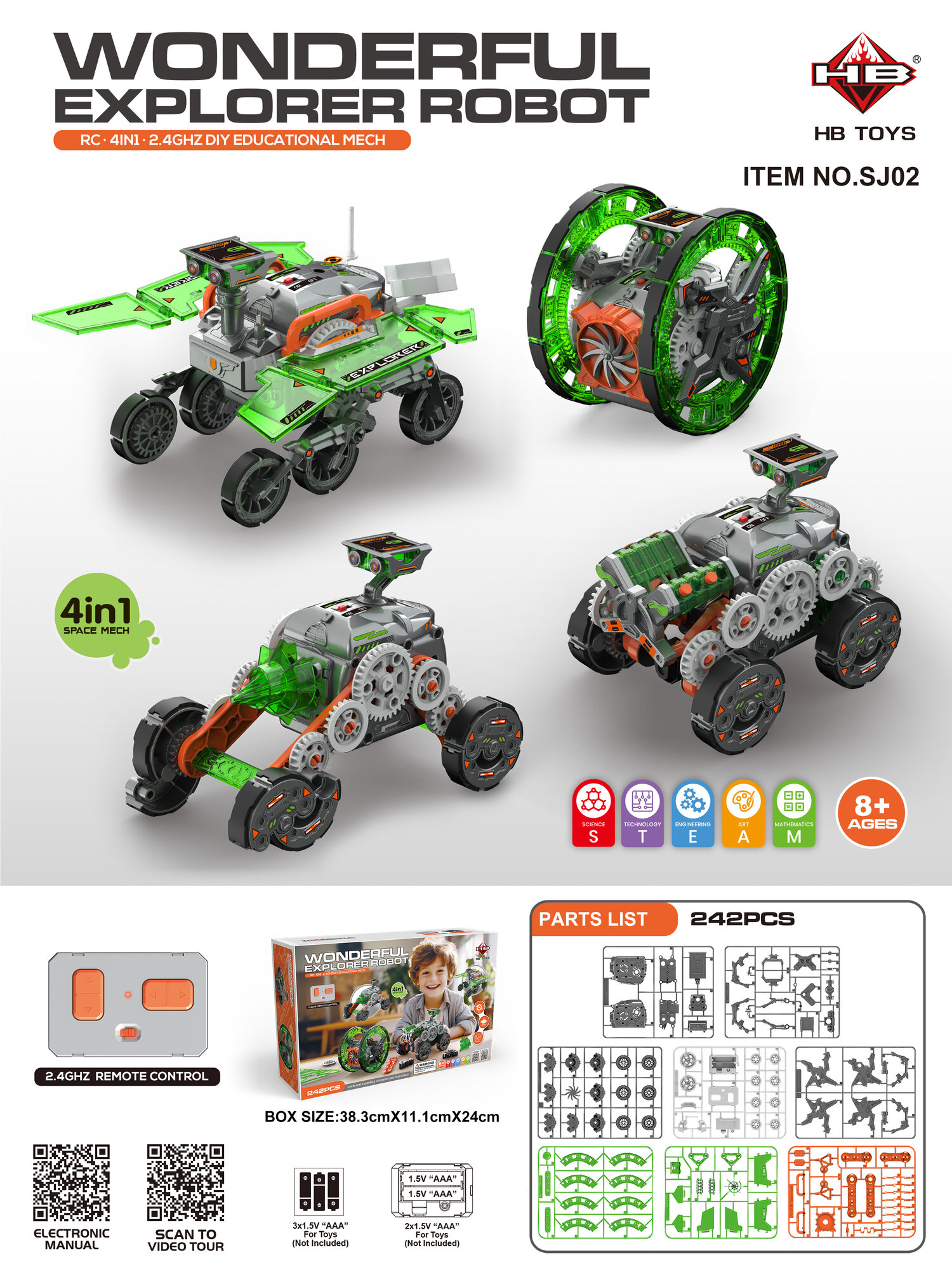 Конструктор STEAM HB Серия Космическое исследование 4в1, программирование, на пульте управления 2.4Ghz, 176 деталей - HB-SJ02