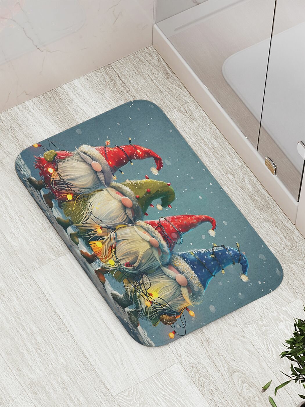 Коврик для ванной комнаты, туалета "Гномы с гирляндой" противоскользящий, 52х77 см, JoyArty, серия Новый год