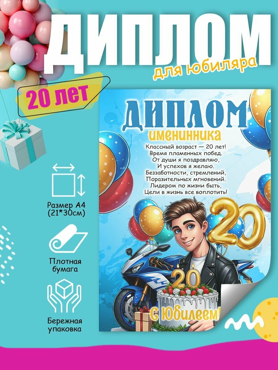 Диплом на день рождения имениннику 20 лет