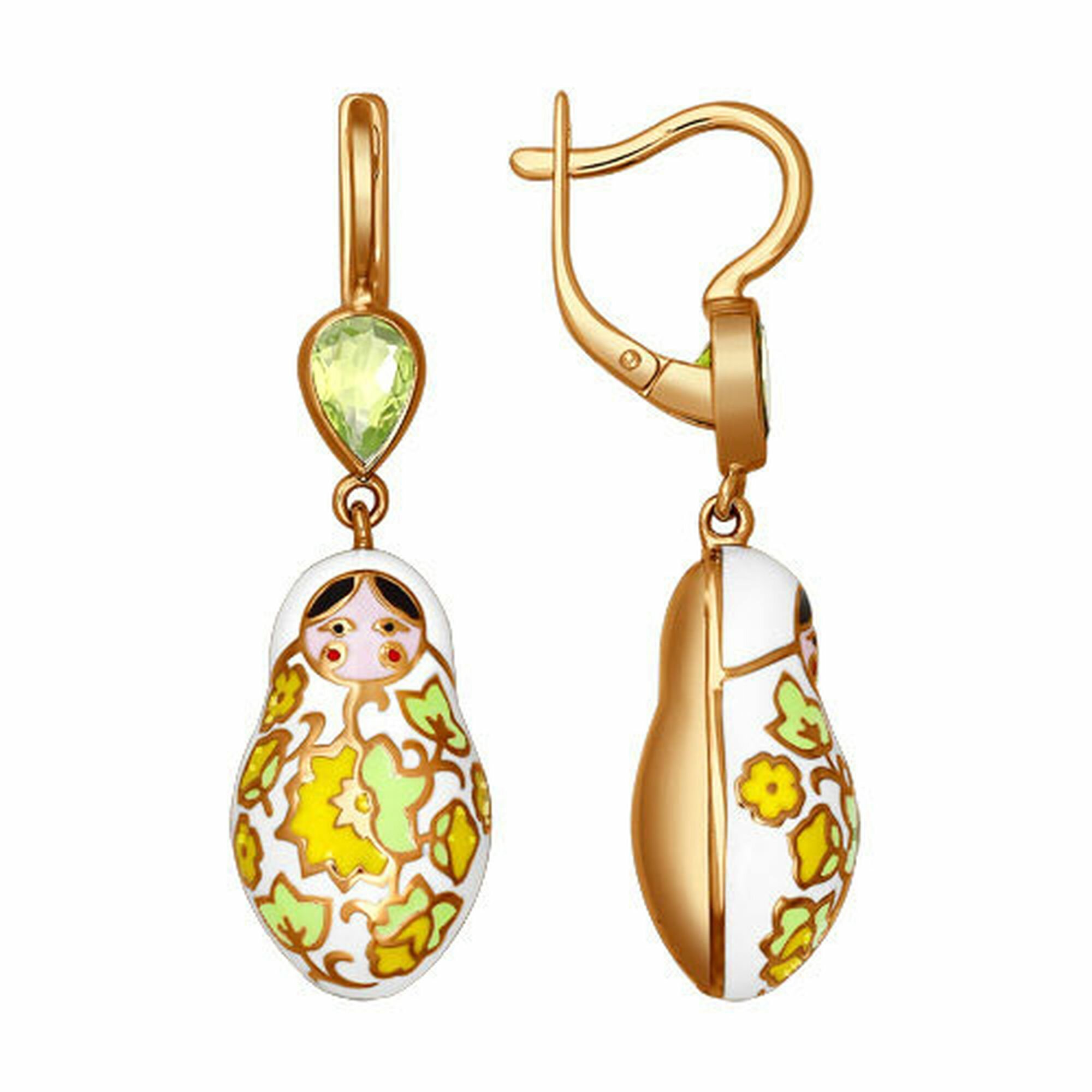 Серьги, серебро, 925 проба, золочение, хризолит, эмаль, фианит