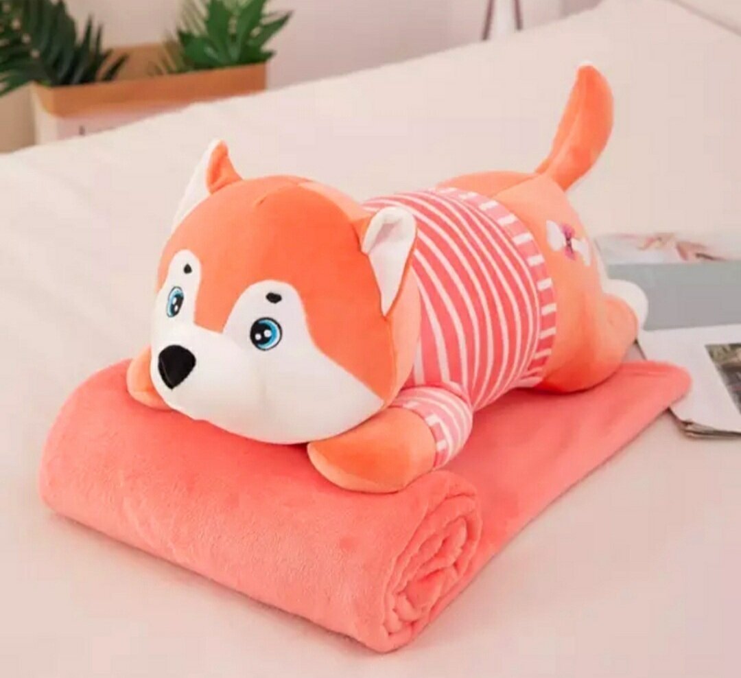 Мягкая игрушка-подушка с пледом внутри Собачка Хаски розовая 60 см, 3 в 1