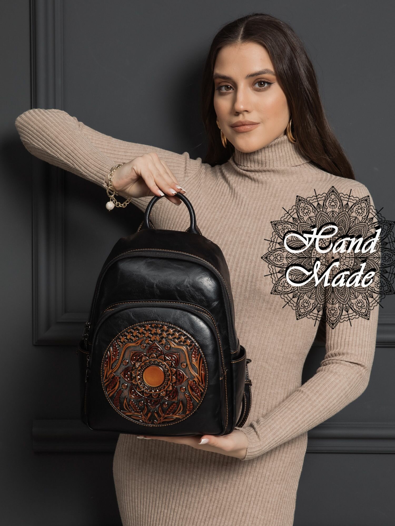 Рюзак кожаный ручной работы восточная мандала ретро винтажный-FDC