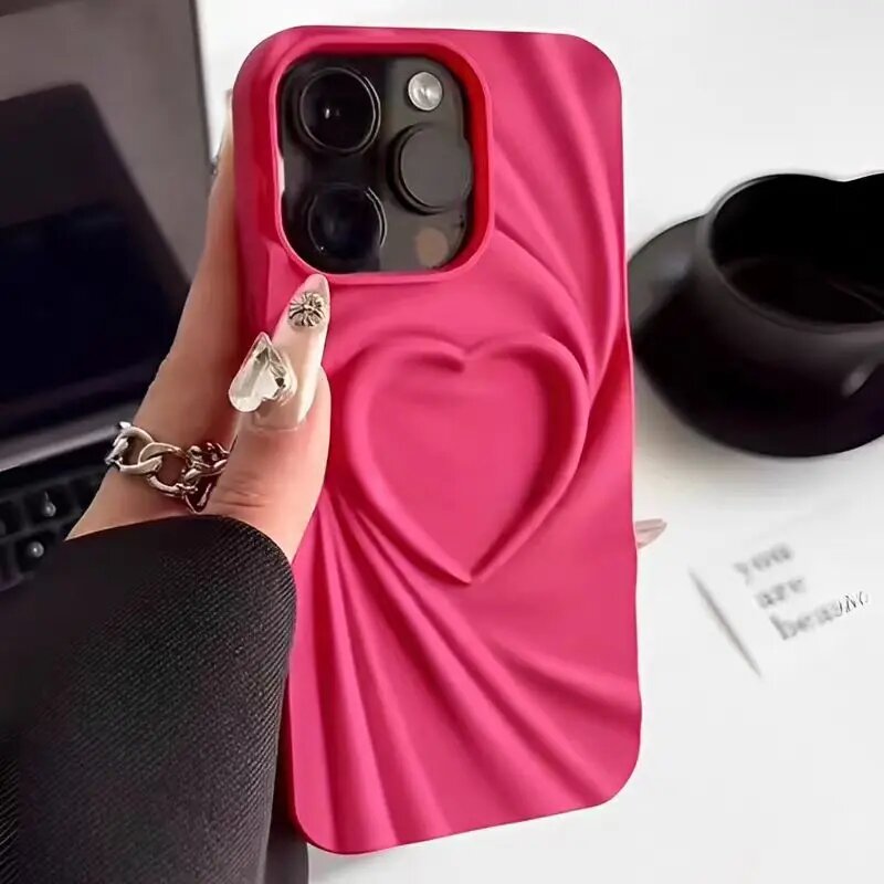Модный силиконовый чехол со складными морщинами 3D Love Heart для iPhone 15 14 13 16 Pro Max Plus 17 12 11 PM Soft Matter, полный чехол для телефона Розовый, Rose red, For iPhone 14 Plus